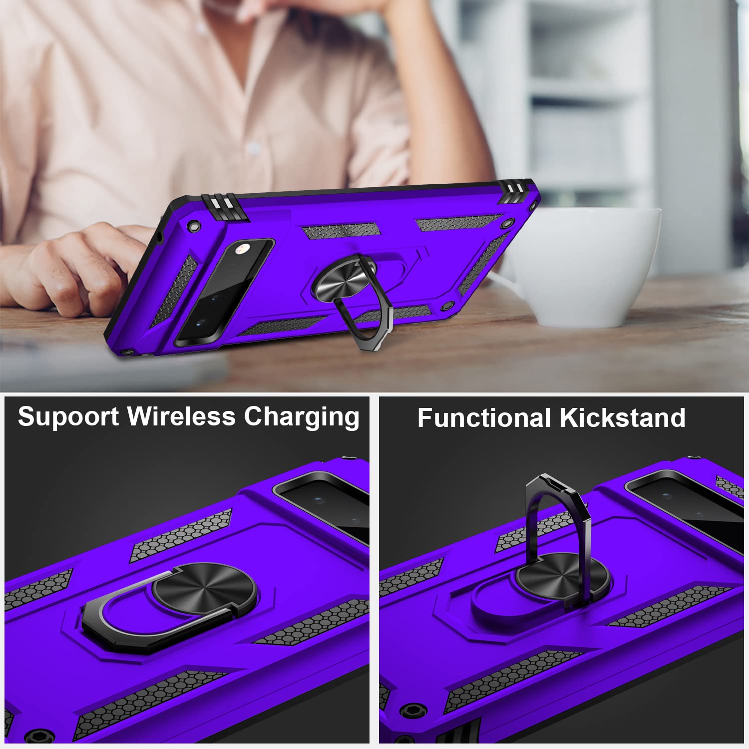 IKAZZ Suitable for Google Pixel 6 Pro Case,Military Grade Shockproof Heavy Duty Protective Phone Cover Pass 16ft Drop Test with Magnetic Kickstand Car Mount Holder Purple