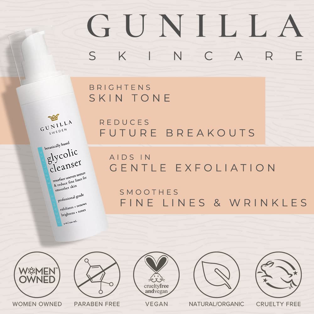 GUNILLA Glycolic Cleanser Exfoliating, Moisturizing Daily Face Wash for Anti-Aging. Aloe Vera Based with 16 Botanicals for All-Skin Types 4 oz.