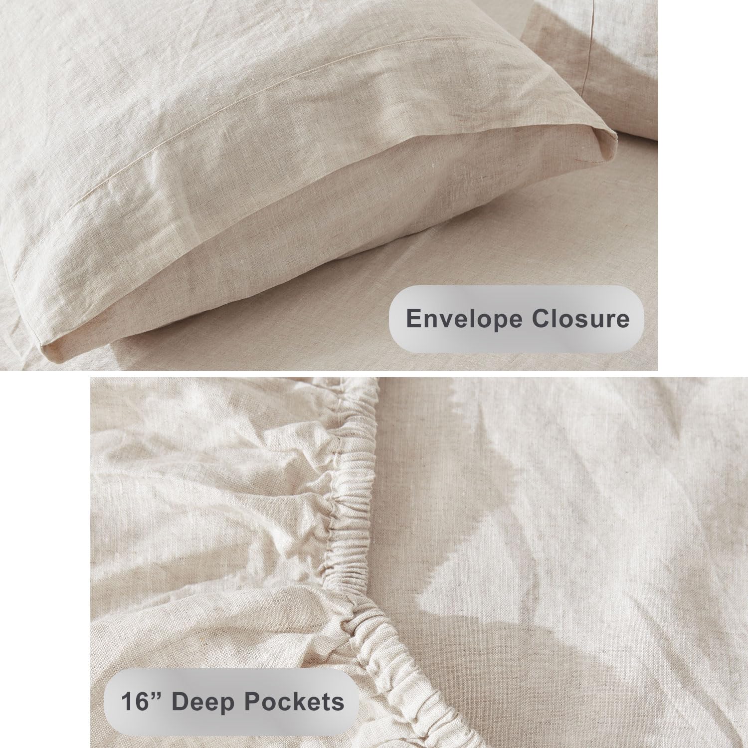 TOSMO Pure Linen Sheets Set, 100% French Natural Linen Flax Bedding 4pc Set (Full, 1 Flat Sheet, 1 Fitted Sheet,2 Pillowcase) - Natural Linen