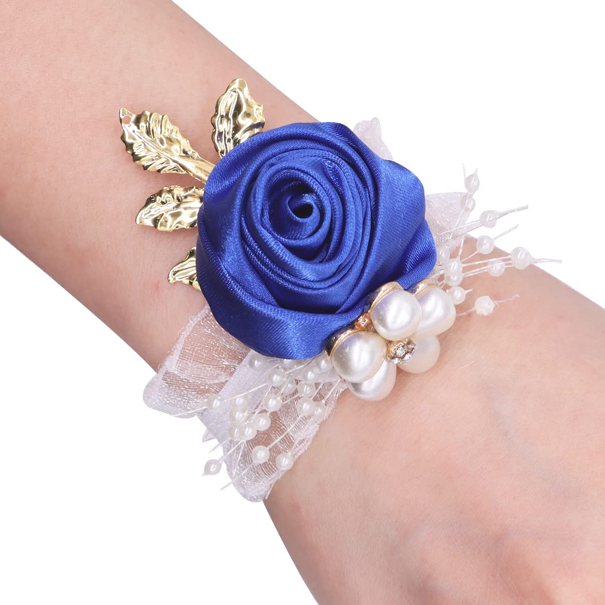Snadulor 1 Pcs Wrist Flower,Wedding Bridesmaid Bride Wrist Corsage Decoration Hand Flower,Royal Blue