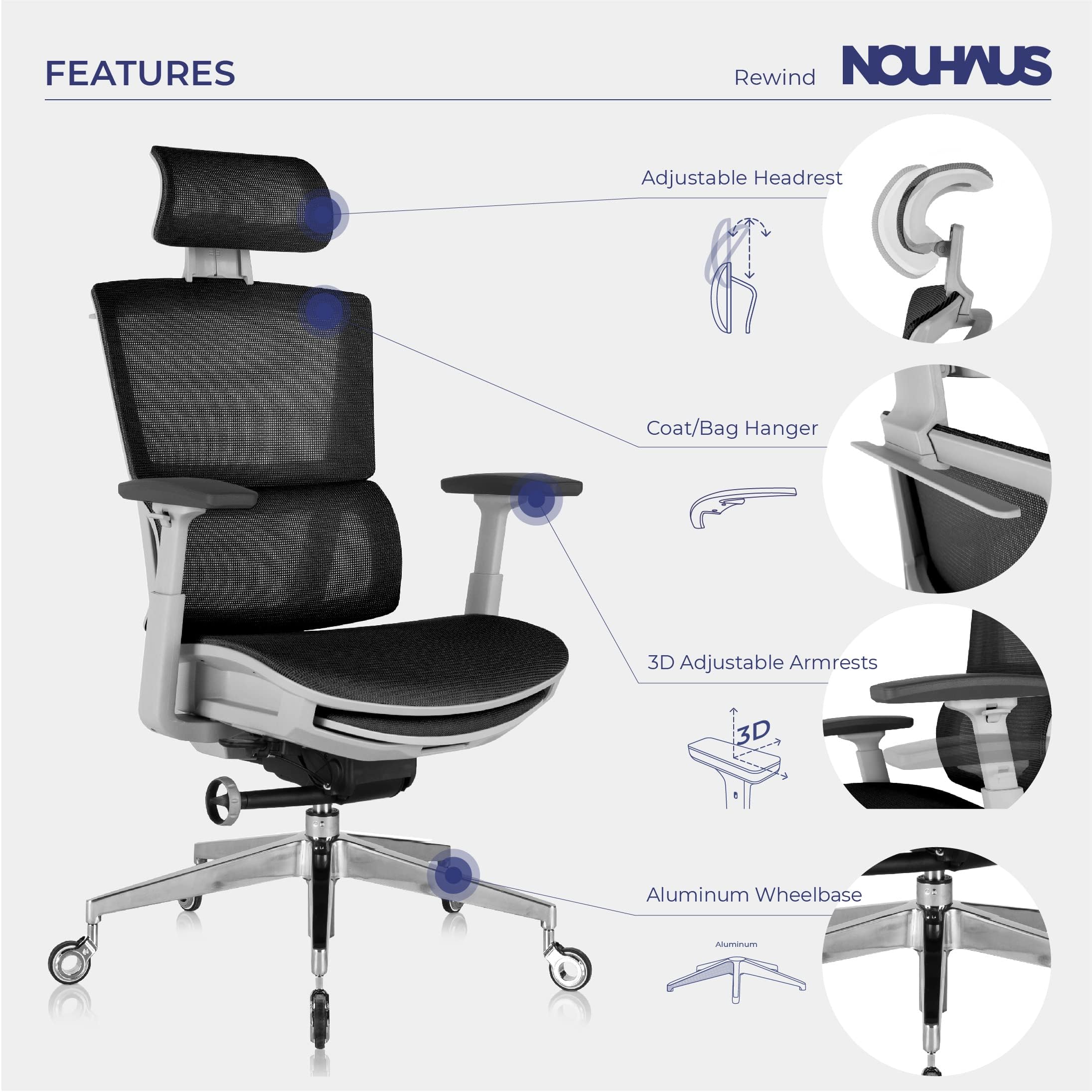 Nouhaus Rewind Ergonomic Office Chair with Footrest and Lumbar Support Swivel Computer Chair, Rolling Home Office Desk Chairs with Wheels, Mesh High Back Task Chair (Black)