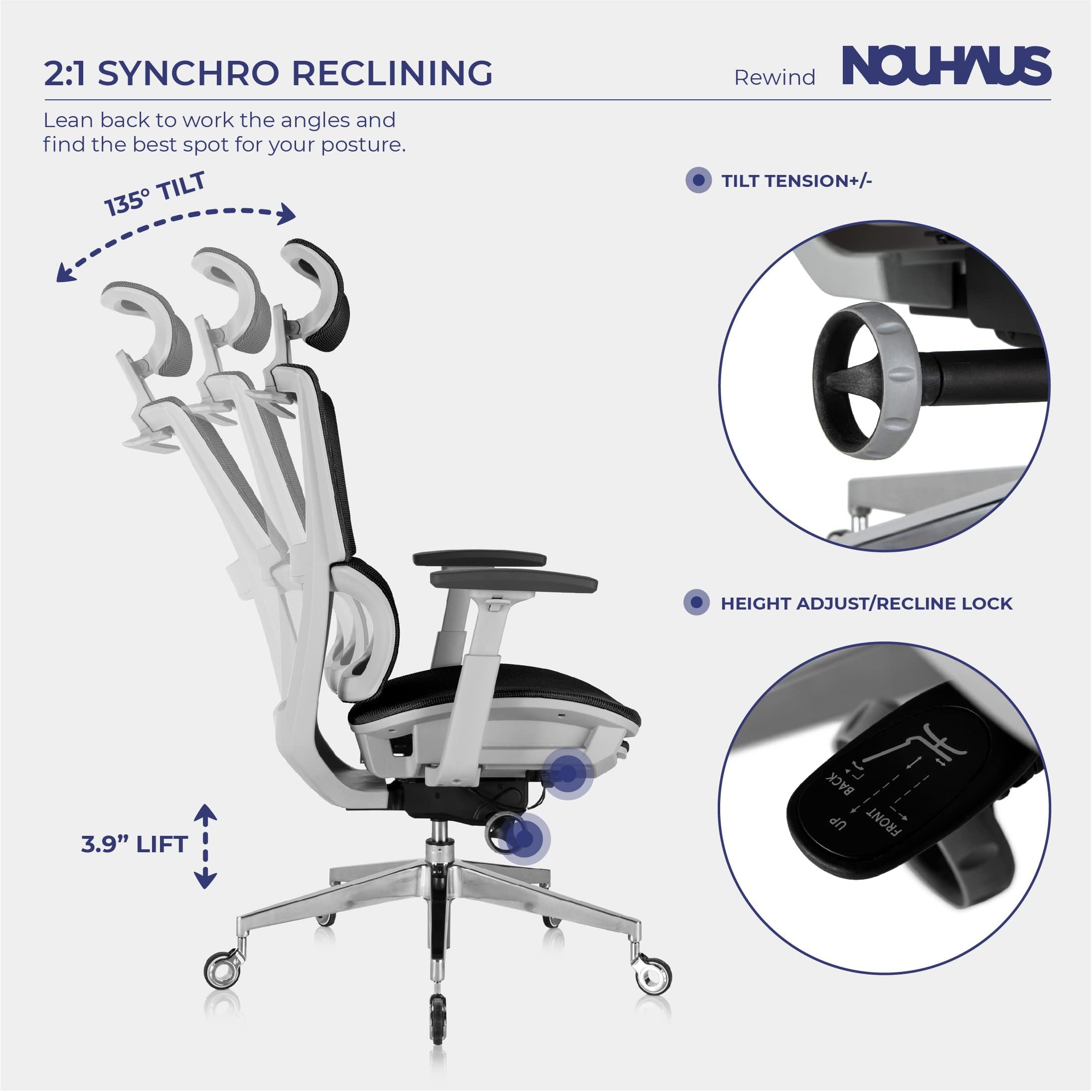 Nouhaus Rewind Ergonomic Office Chair with Footrest and Lumbar Support Swivel Computer Chair, Rolling Home Office Desk Chairs with Wheels, Mesh High Back Task Chair (Black)
