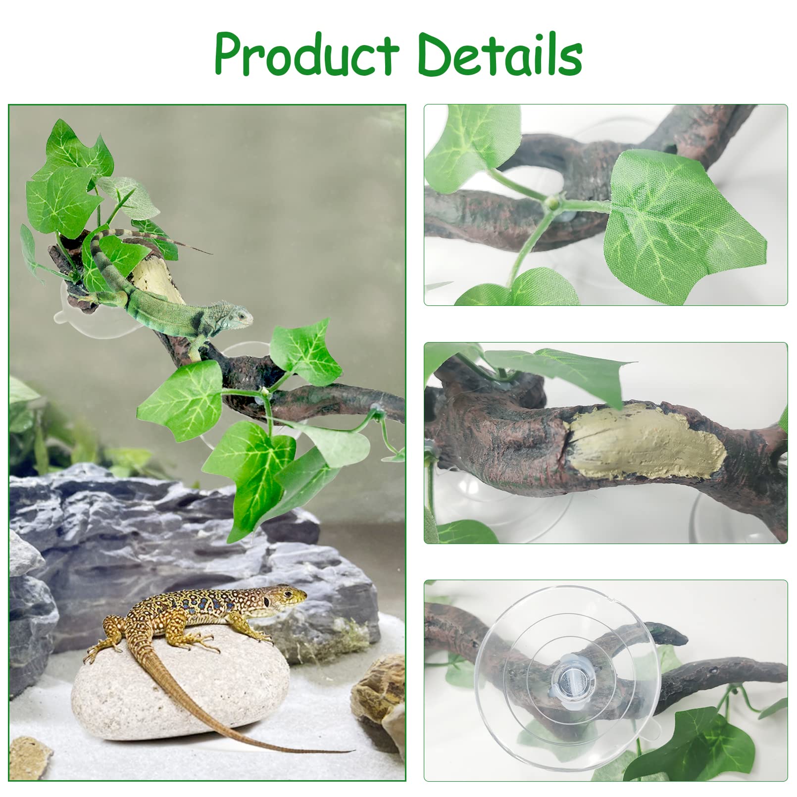 Fhiny 2 PCS Reptile Corner Branch, Resin Climb Tree Branch Decor with Leaves Tank Accessories Terrarium Plant Ornament with Suction Cup for Snake Lizard Bearded Dragons Gecko Climbing
