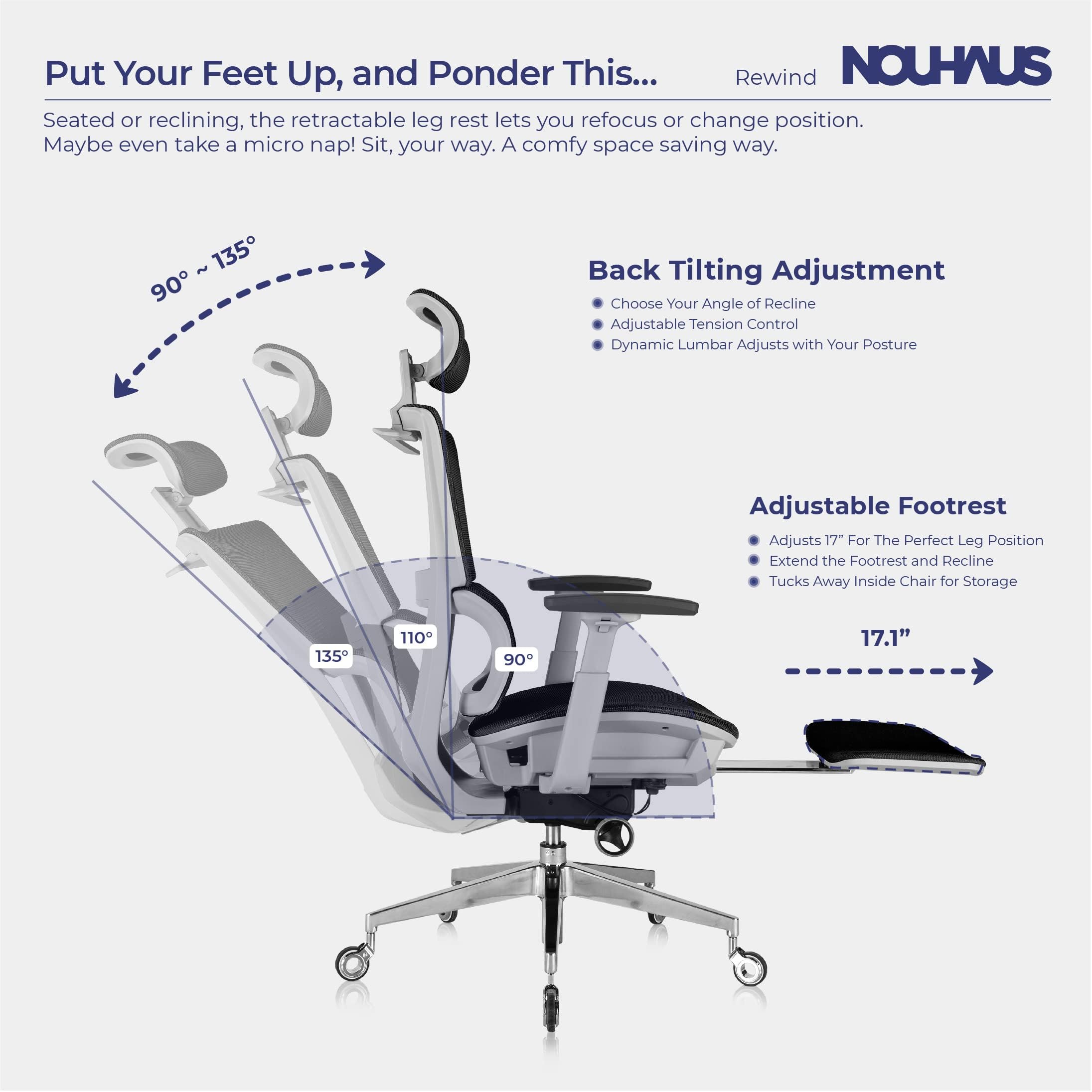 Nouhaus Rewind Ergonomic Office Chair with Footrest and Lumbar Support Swivel Computer Chair, Rolling Home Office Desk Chairs with Wheels, Mesh High Back Task Chair (Black)