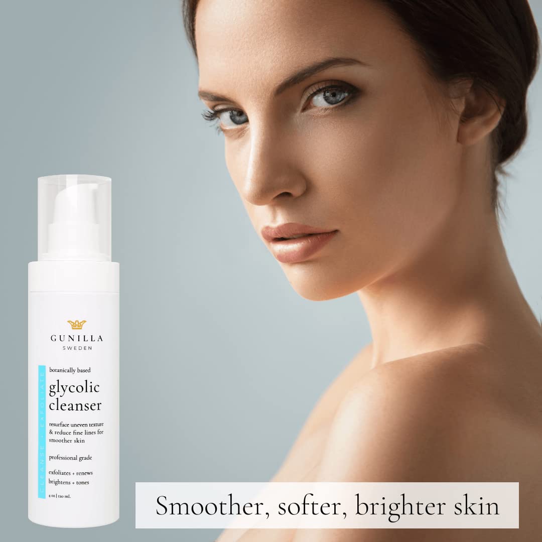 GUNILLA Glycolic Cleanser Exfoliating, Moisturizing Daily Face Wash for Anti-Aging. Aloe Vera Based with 16 Botanicals for All-Skin Types 4 oz.