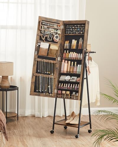 SONGMICS 6 LEDs Lockable Mirror Jewelry Cabinet,Organizer, Standing Jewelry Armoire with 4 Wheels, Mirror with Jewelry Storage, Coat Rack, Shelf, Rustic Brown and Black UJJC005X01