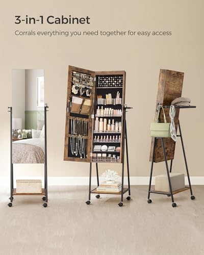 SONGMICS 6 LEDs Lockable Mirror Jewelry Cabinet,Organizer, Standing Jewelry Armoire with 4 Wheels, Mirror with Jewelry Storage, Coat Rack, Shelf, Rustic Brown and Black UJJC005X01
