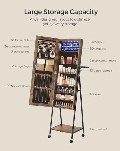 SONGMICS 6 LEDs Lockable Mirror Jewelry Cabinet,Organizer, Standing Jewelry Armoire with 4 Wheels, Mirror with Jewelry Storage, Coat Rack, Shelf, Rustic Brown and Black UJJC005X01