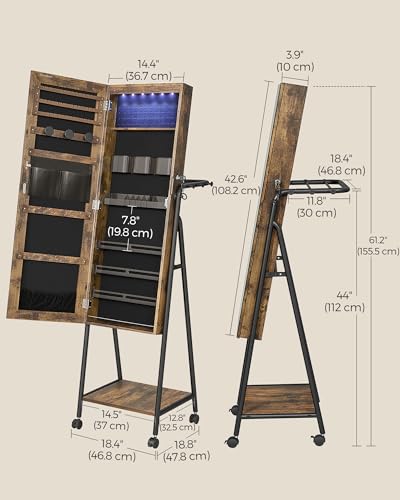 SONGMICS 6 LEDs Lockable Mirror Jewelry Cabinet,Organizer, Standing Jewelry Armoire with 4 Wheels, Mirror with Jewelry Storage, Coat Rack, Shelf, Rustic Brown and Black UJJC005X01