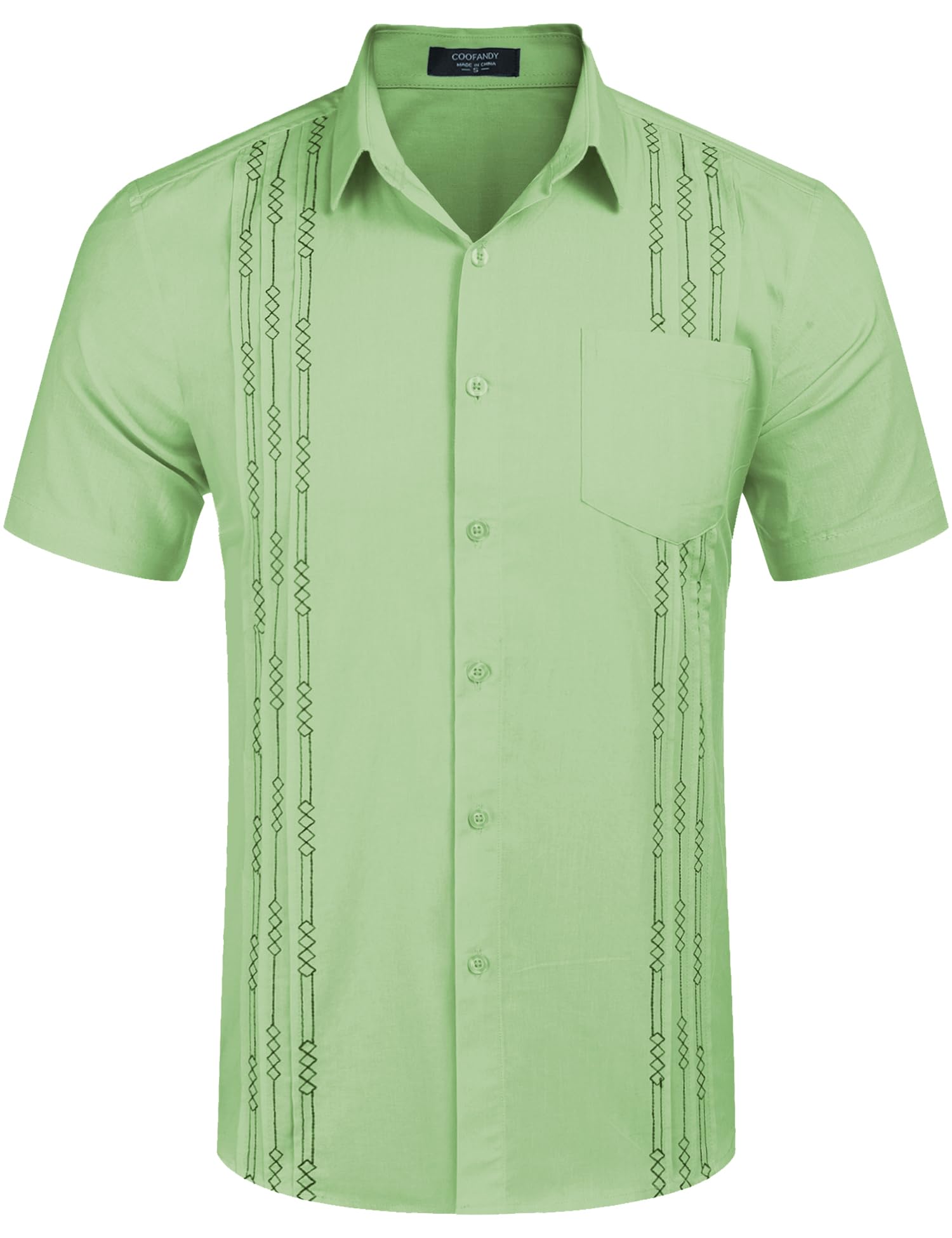 COOFANDY Mens Cuban Guayabera Shirt Linen Short Sleeve Shirts Regular Fit Summer Beachwear Light Green