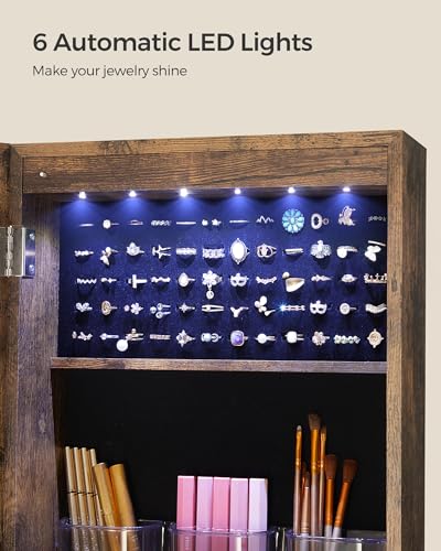 SONGMICS 6 LEDs Lockable Mirror Jewelry Cabinet,Organizer, Standing Jewelry Armoire with 4 Wheels, Mirror with Jewelry Storage, Coat Rack, Shelf, Rustic Brown and Black UJJC005X01
