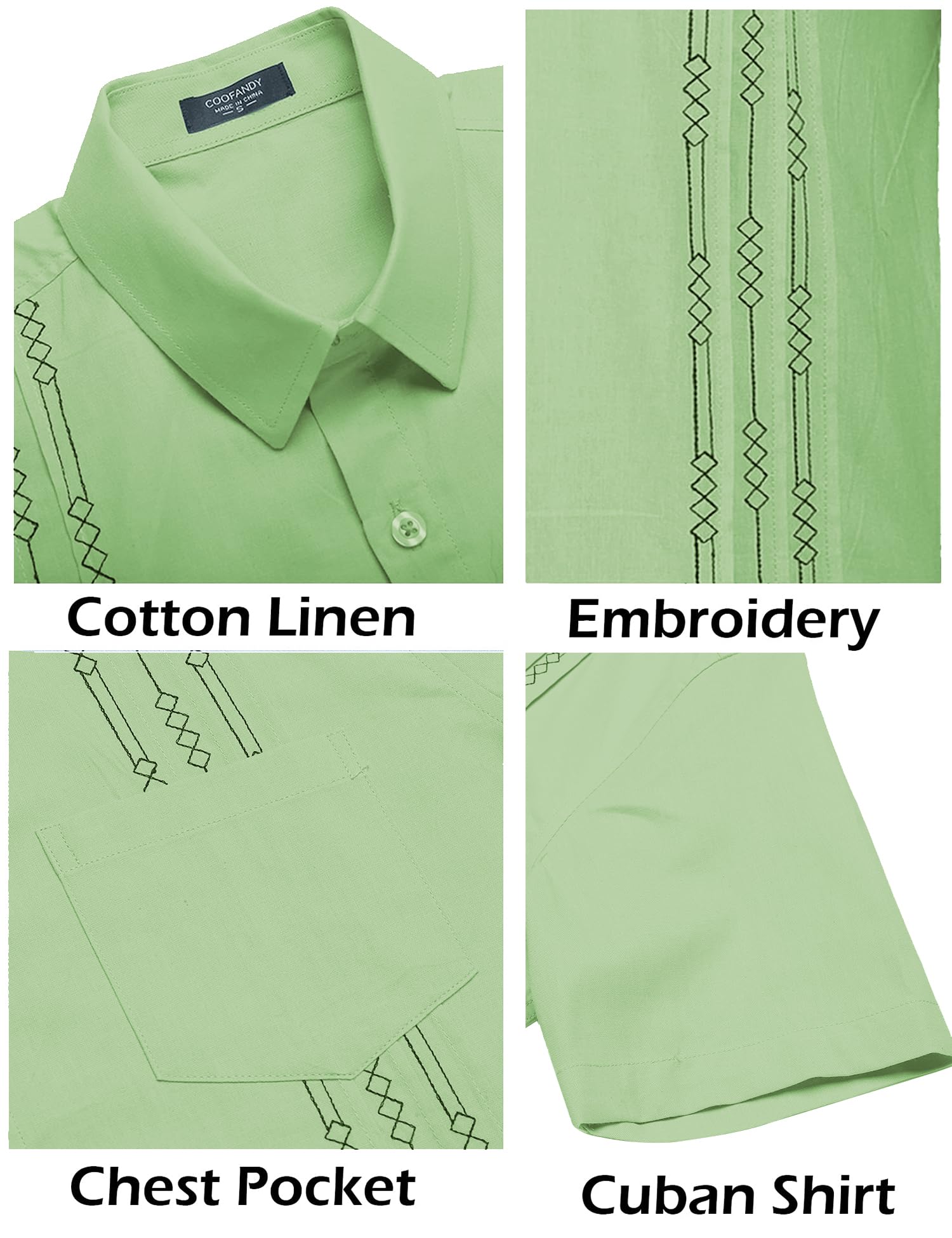 COOFANDY Mens Cuban Guayabera Shirt Linen Short Sleeve Shirts Regular Fit Summer Beachwear Light Green