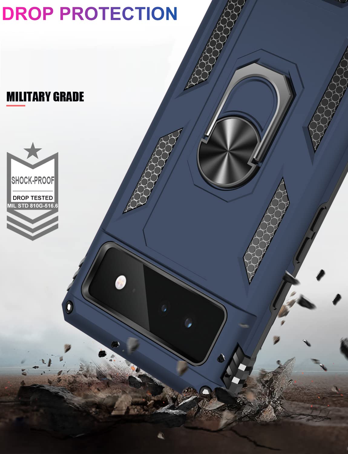 IKAZZ Suitable for Google Pixel 6 Case,Military Grade Shockproof Heavy Duty Protective Phone Cover Pass 16ft Drop Test with Magnetic Kickstand Car Mount Holder Blue