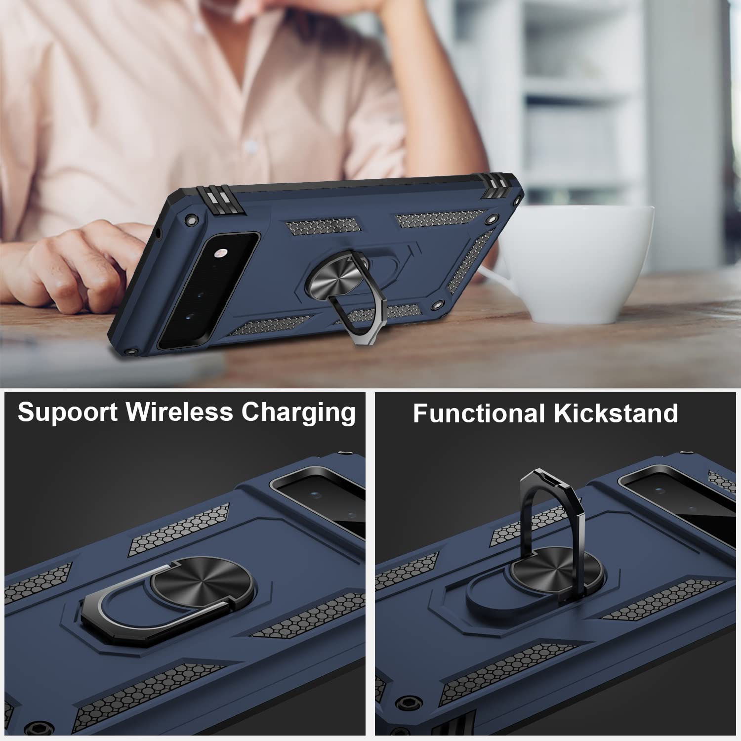 IKAZZ Suitable for Google Pixel 6 Case,Military Grade Shockproof Heavy Duty Protective Phone Cover Pass 16ft Drop Test with Magnetic Kickstand Car Mount Holder Blue