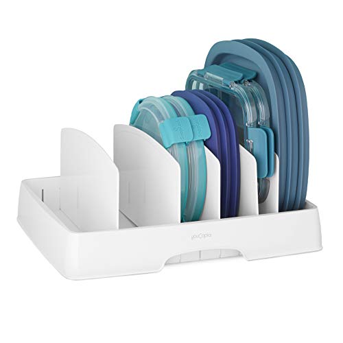 YouCopia StoreMore Adjustable Rack Cabinet Organizer for Pans Sheets and Pot Lids, Large, White & StoraLid Food Container Lid Organizer, Tall Dividers, White