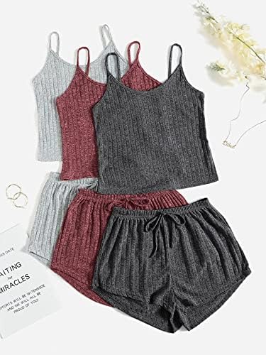 SheIn Women's 3 Sets Rib Knit Lounge Set Crop Cami Top and Tie Front Shorts Sleepwear Pajama Set Solid Multicolor Large