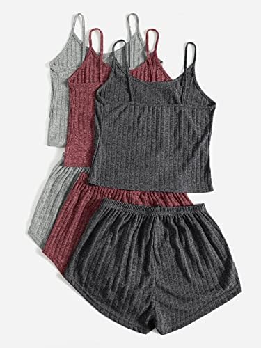 SheIn Women's 3 Sets Rib Knit Lounge Set Crop Cami Top and Tie Front Shorts Sleepwear Pajama Set Solid Multicolor Large