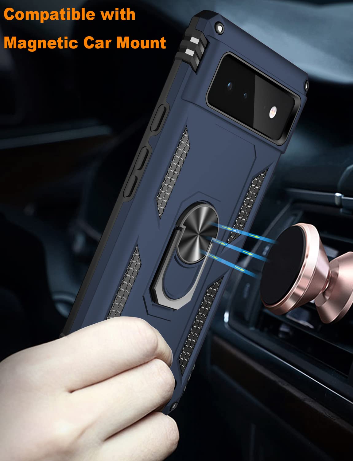 IKAZZ Suitable for Google Pixel 6 Case,Military Grade Shockproof Heavy Duty Protective Phone Cover Pass 16ft Drop Test with Magnetic Kickstand Car Mount Holder Blue