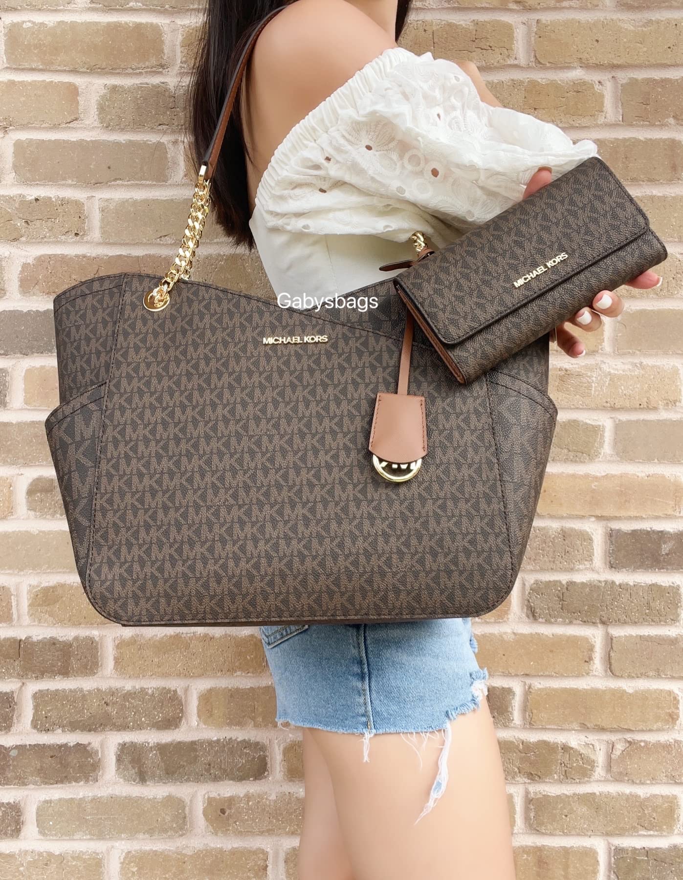 Michael Kors Jet Set Travel Large Chain Shoulder Tote bundled with Trifold Wallet (Brown MK 2021)