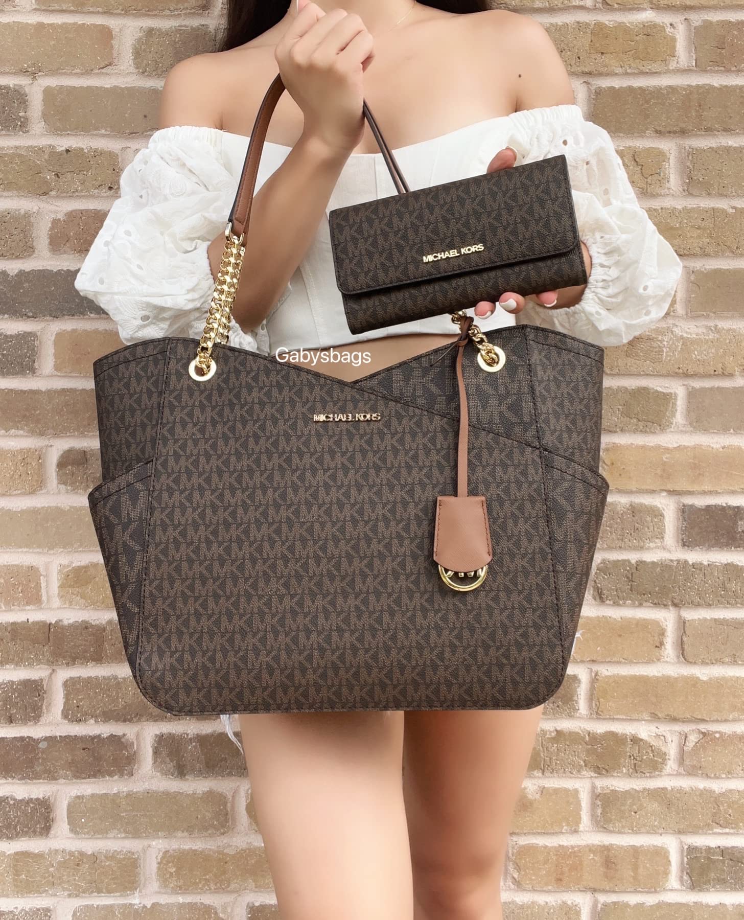Michael Kors Jet Set Travel Large Chain Shoulder Tote bundled with Trifold Wallet (Brown MK 2021)
