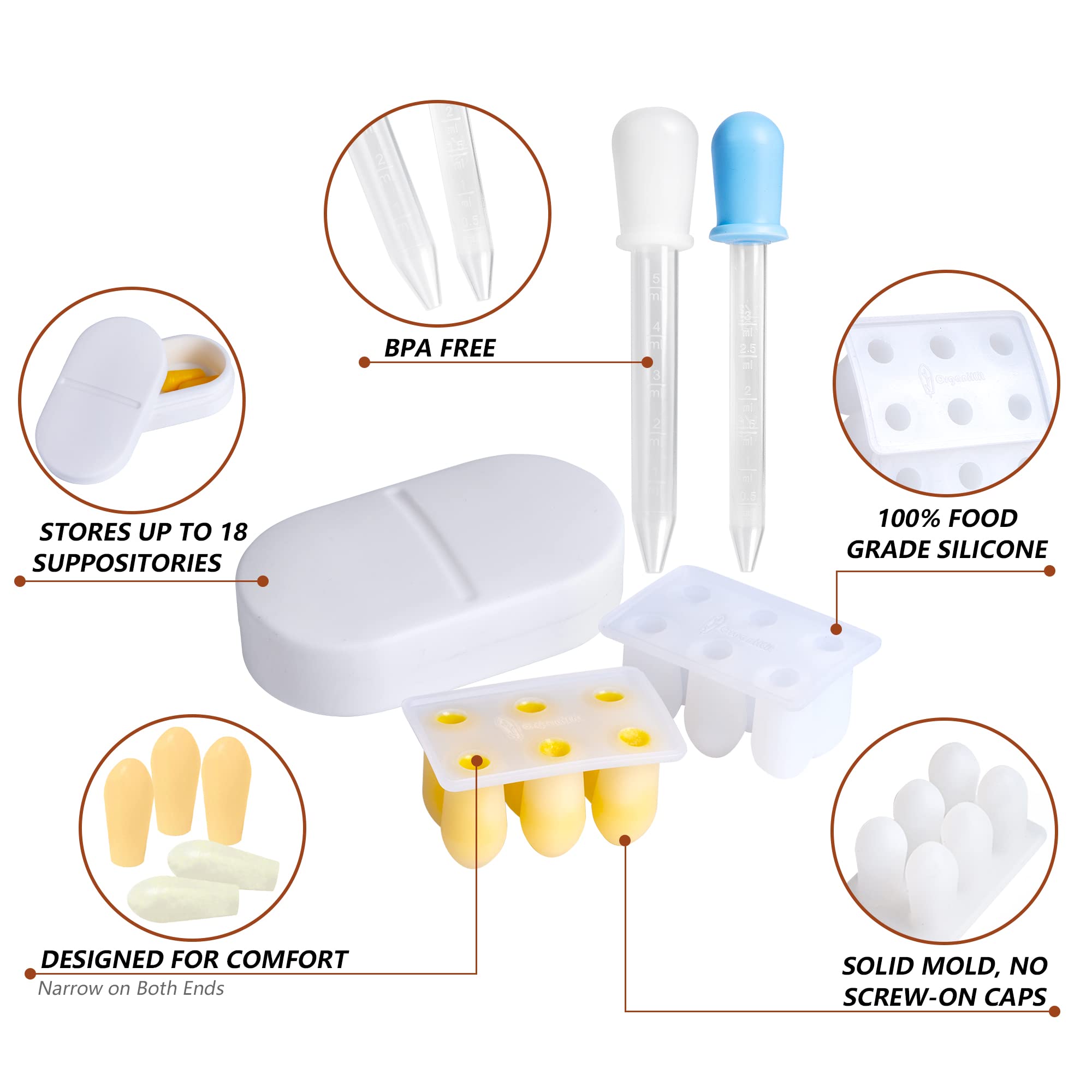 OrganiKit's Reusable Suppository Mold Kit - Eco-Friendly, 2ML, Silicone, Suppository Molds | Kit Includes 4 Suppository Mold Tray's, 4 Liquid Droppers, 1 Suppository Case.
