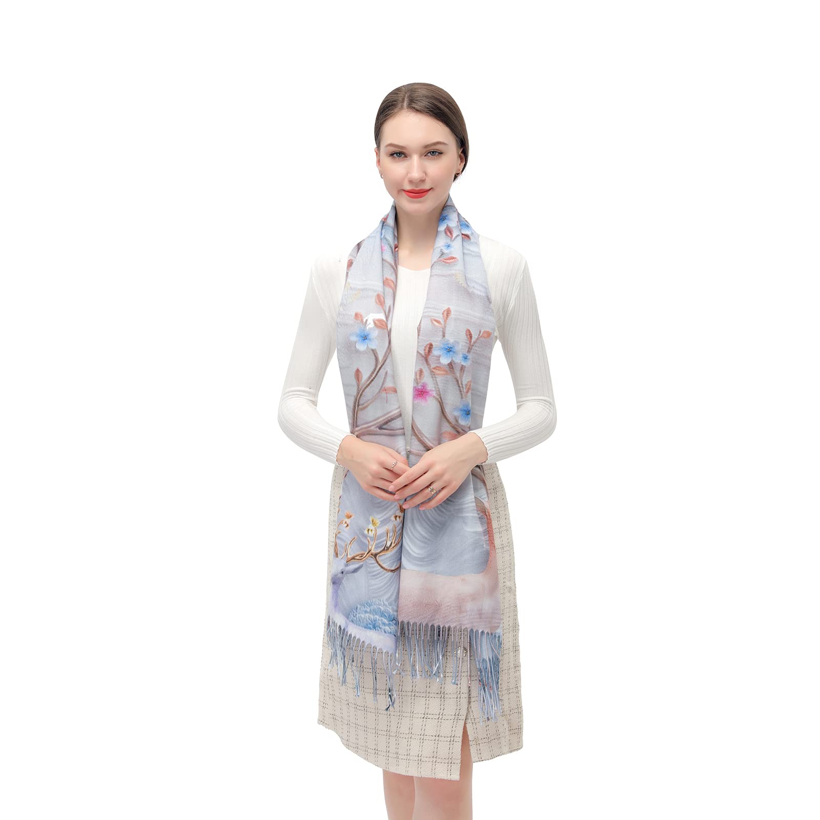 XINYUN Fashion Scarfs for Women with Elk Print Grey Cashmere Shawls and Warps Large Soft Pashmina Blanket Scarf Winter Warm Christmas Gift for Ladies