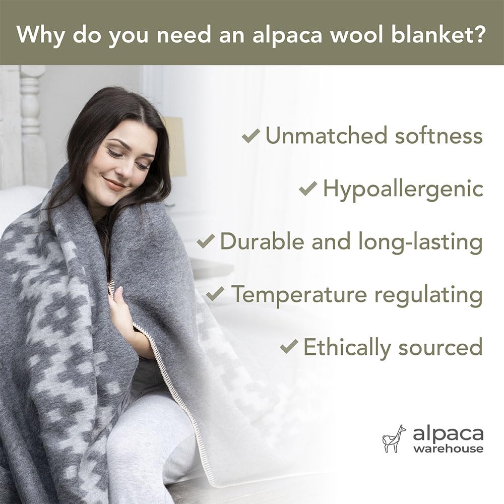 Thick Alpaca Wool Blanket Heavyweight Camping Outdoors Indoors Soft Peru King Size Ethnic Design (Dark Gray - Soft Gray Design, King Size)