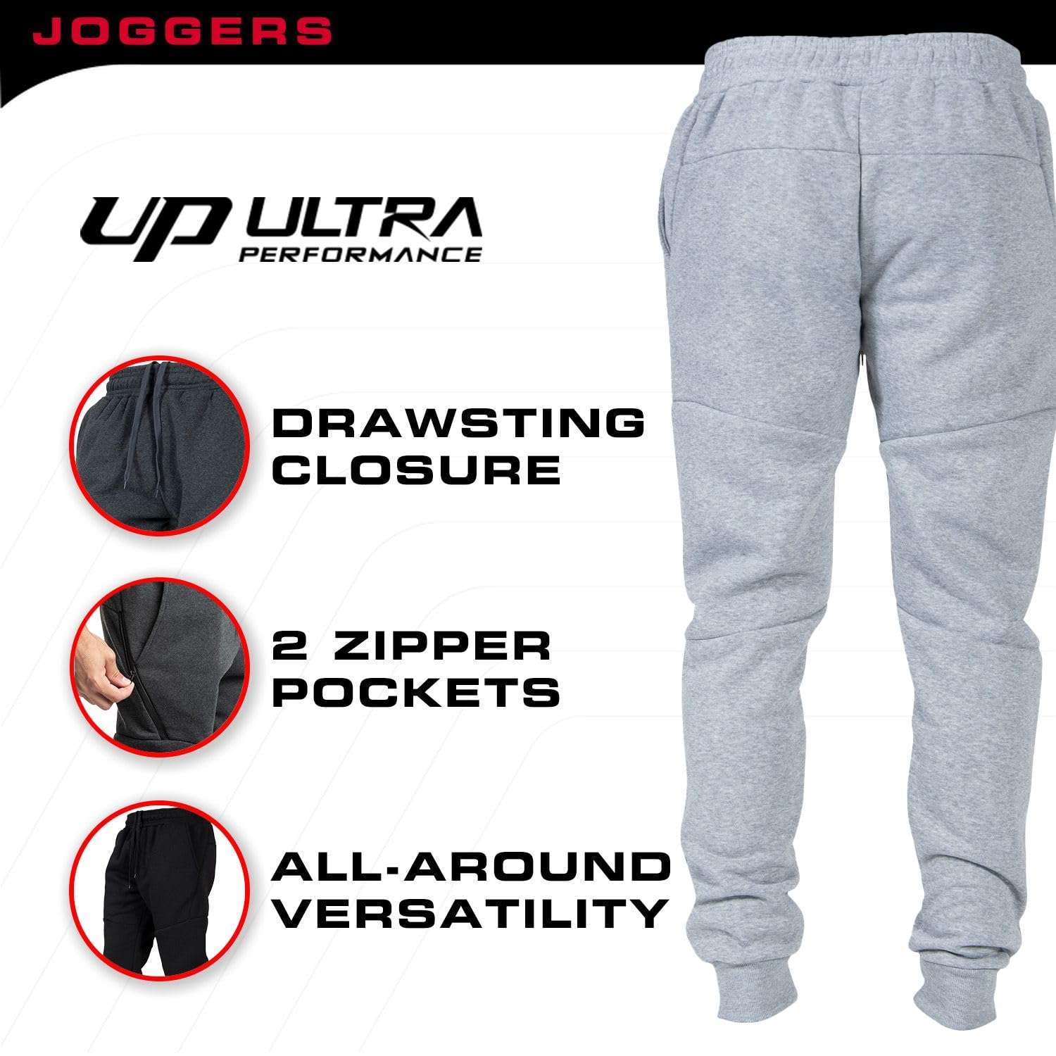 Ultra Performance 3 Pack Fleece Active Tech Joggers for Men, Mens Sweatpants with Zipper Pockets