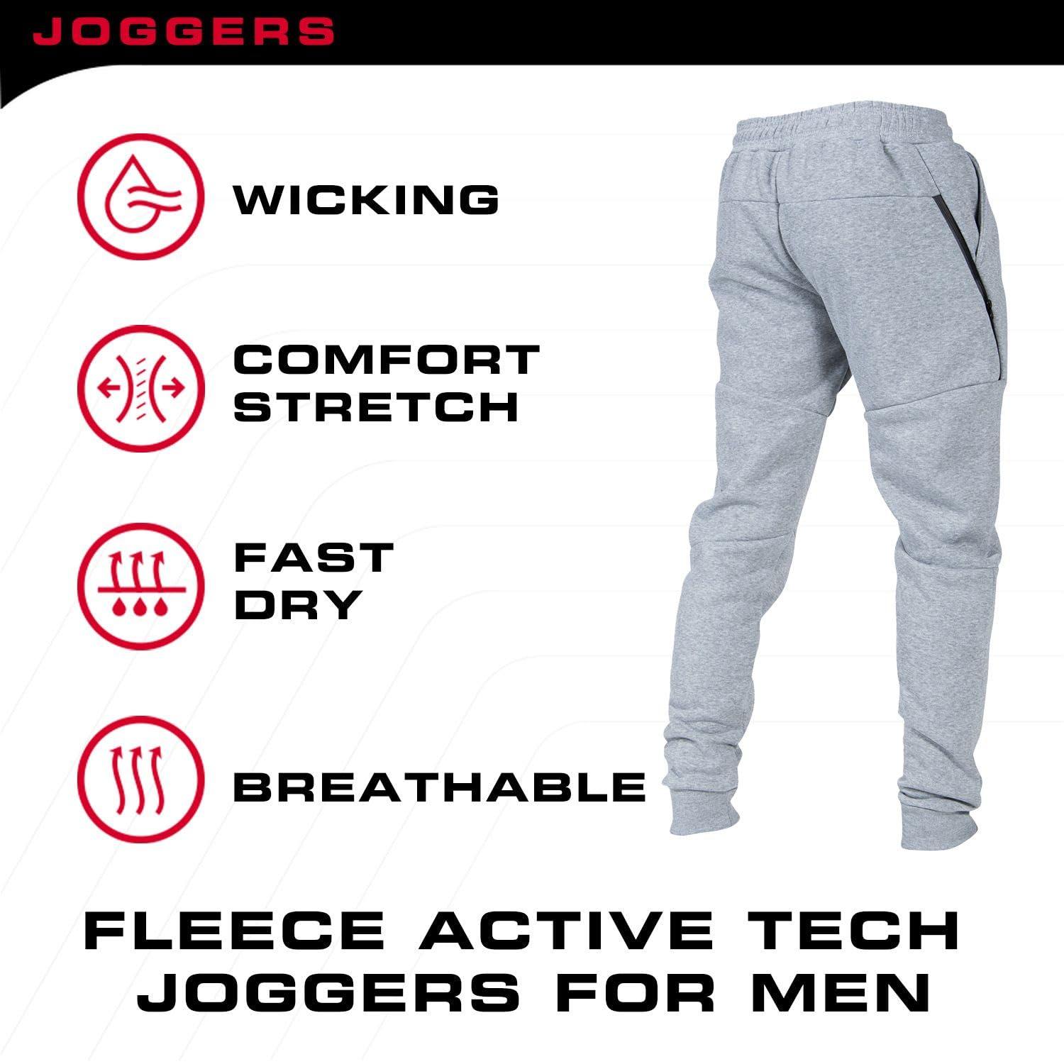 Ultra Performance 3 Pack Fleece Active Tech Joggers for Men, Mens Sweatpants with Zipper Pockets