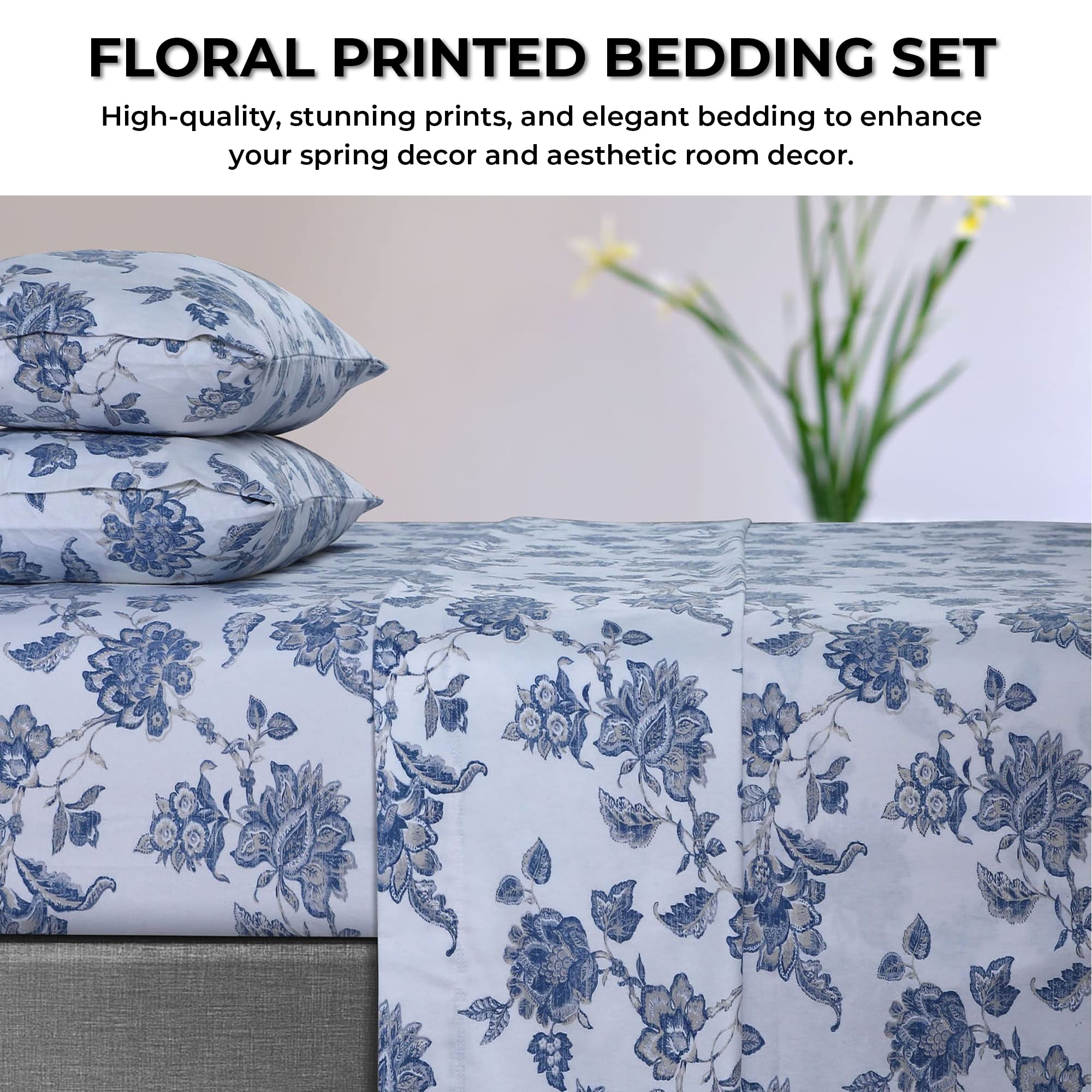Tribeca Living Ultra-Soft Flannel Sheet Set, 170-GSM Cotton, Deep Pocket, Cozy Winter Bedding - Queen, Floral Deep Blue