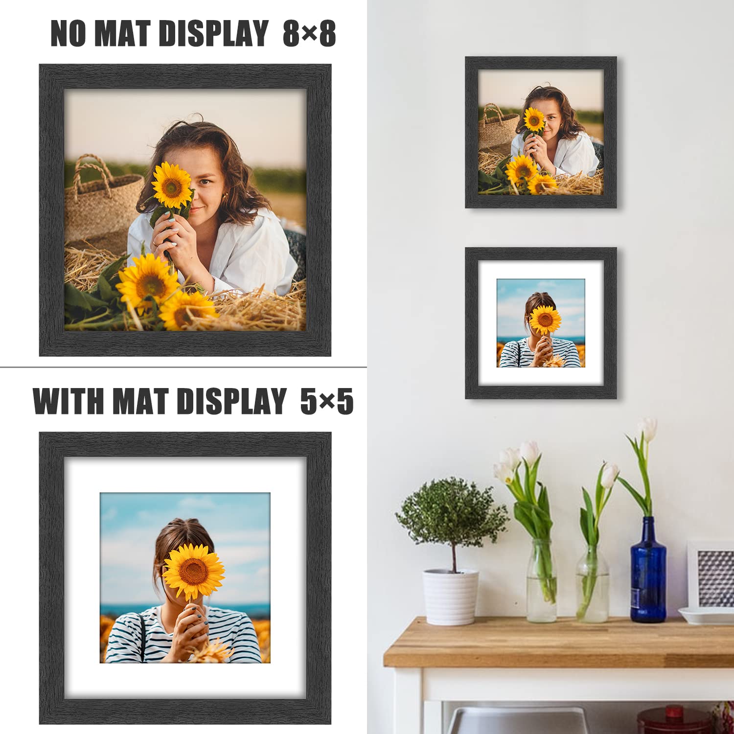 VMUZEDER 8x8 Picture Frame Rustic Black Wood Set of 6,Display Pictures 5x5 with Mat or 8x8 Without Mat,Multi Photo Frames Collage for Wall or Tabletop Display