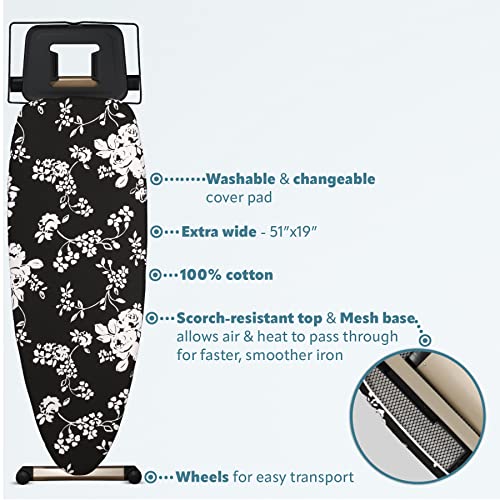 Bartnelli Pro Luxury Ironing Board - Extra Wide 51x19β with Heavy Duty Steam Iron Rest, and Wheels for Easy Storage, Adjustable Height, T-Leg, Foldable, European Made