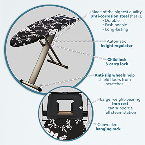 Bartnelli Pro Luxury Ironing Board - Extra Wide 51x19β with Heavy Duty Steam Iron Rest, and Wheels for Easy Storage, Adjustable Height, T-Leg, Foldable, European Made