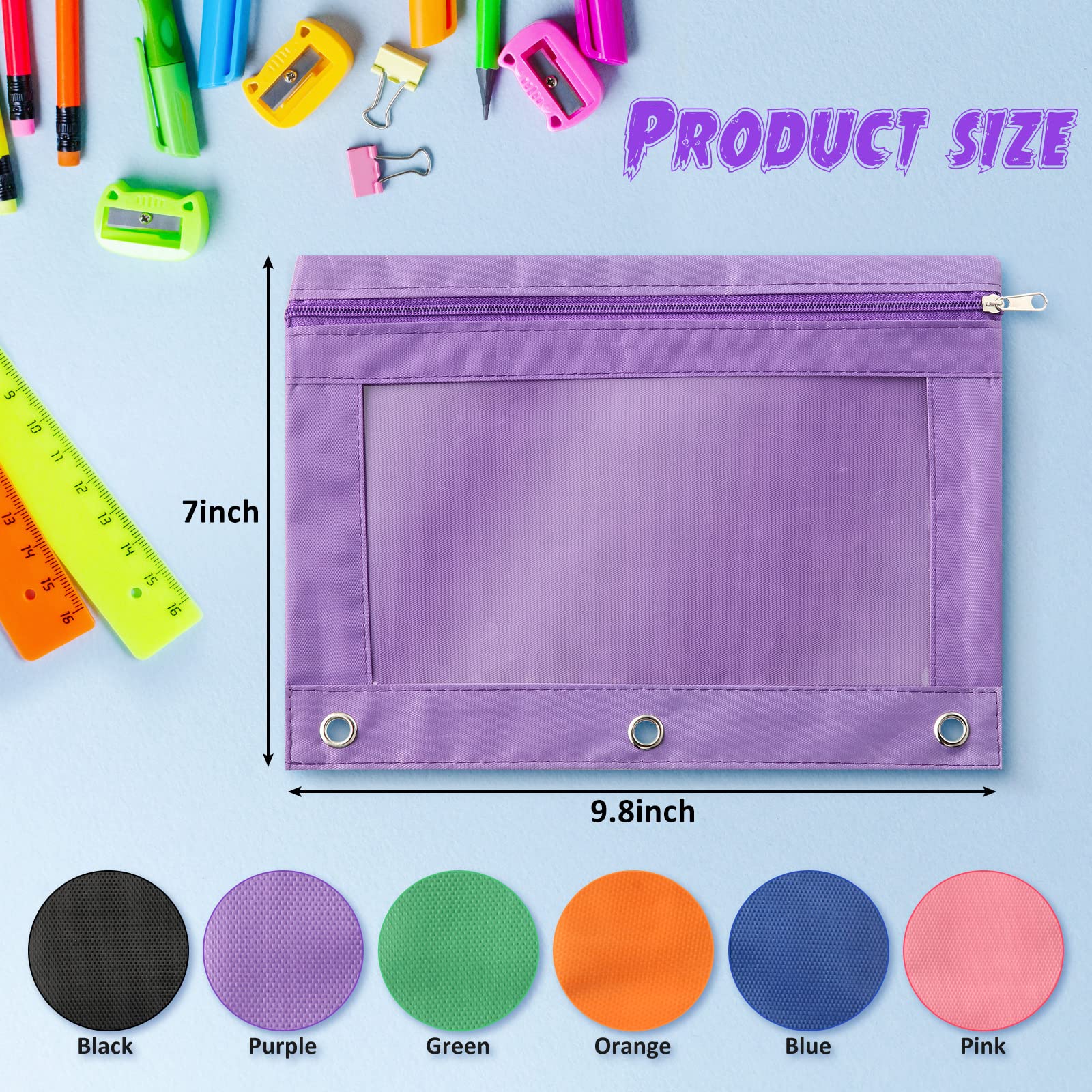 Marspark 48 Pieces 3 Ring Pencil Pouch Bag Bulk Zipper Pouches for 3 Ring Binder with Clear Window for Pencil Cases Office Supplies(Multicolor)