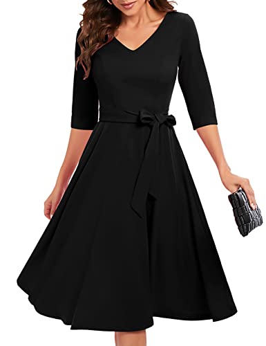 Black Vintage Cocktail Long Sleeve Prom Dress Midi Wedding Guest Formal Mother of Bride Dress Black XL