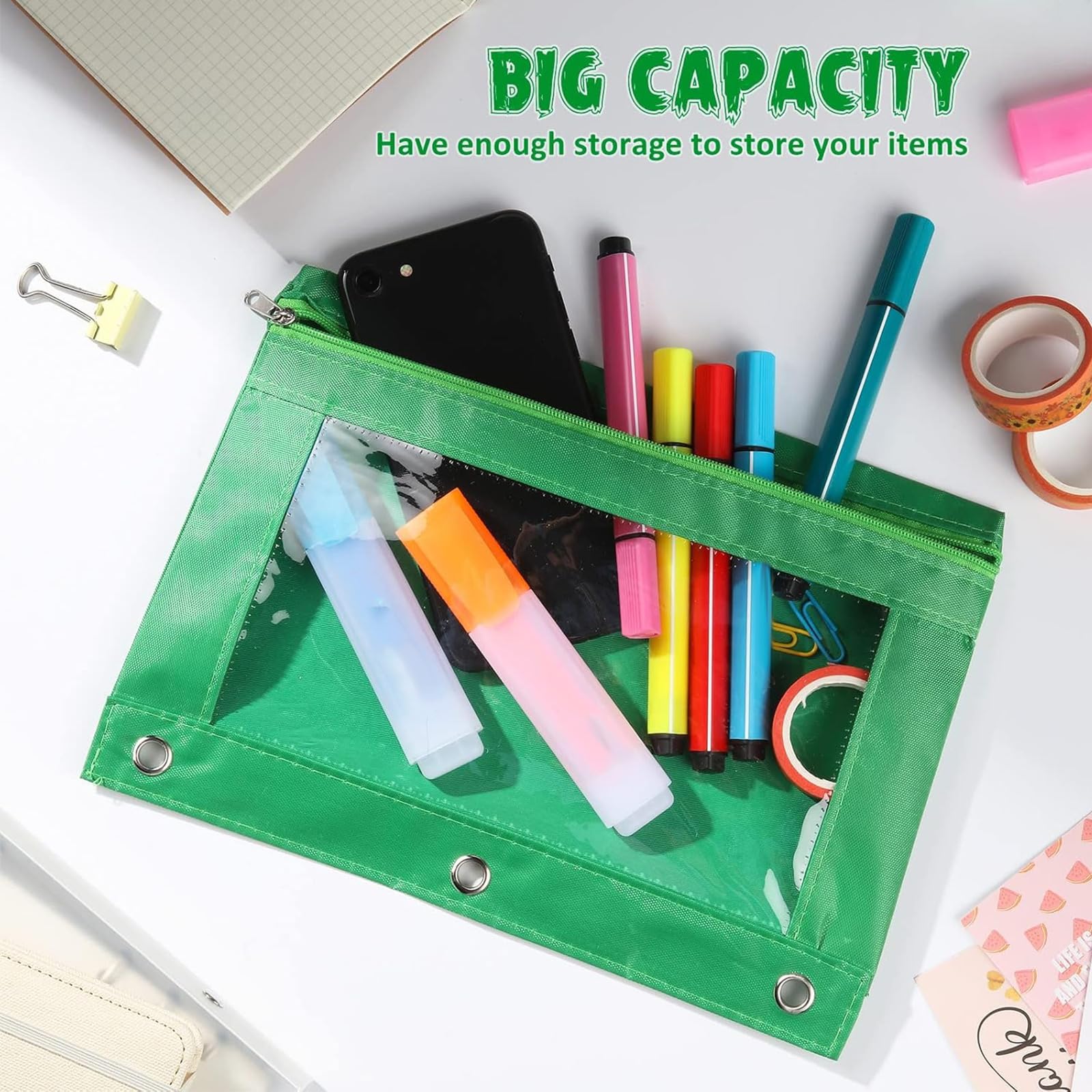 Marspark 48 Pieces 3 Ring Pencil Pouch Bag Bulk Zipper Pouches for 3 Ring Binder with Clear Window for Pencil Cases Office Supplies(Multicolor)