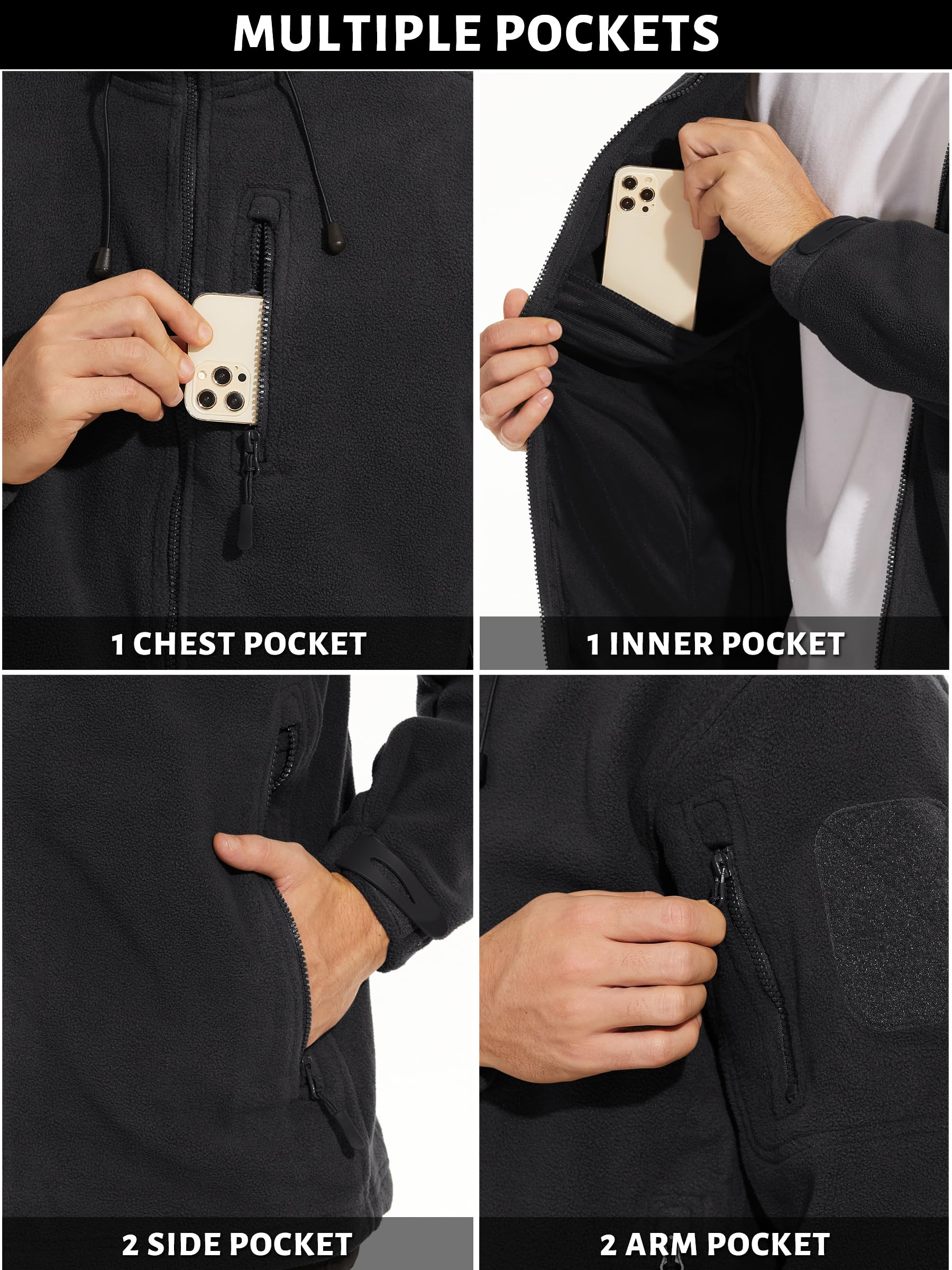 TACVASEN Hoodie for Men Tactical Jacket Fleece Lined Zip Up Hooded Jackets Thick Fuzzy Coat Winter Hoodie Black S
