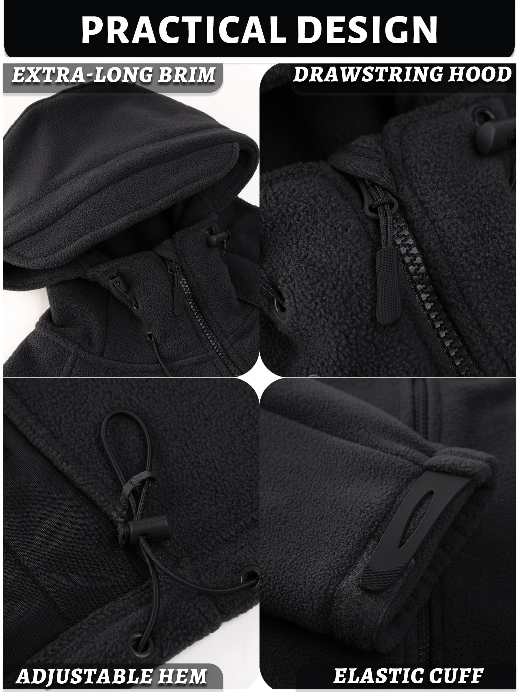 TACVASEN Hoodie for Men Tactical Jacket Fleece Lined Zip Up Hooded Jackets Thick Fuzzy Coat Winter Hoodie Black S