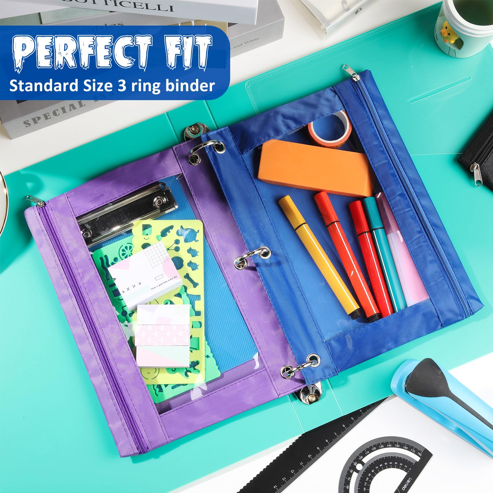 Marspark 48 Pieces 3 Ring Pencil Pouch Bag Bulk Zipper Pouches for 3 Ring Binder with Clear Window for Pencil Cases Office Supplies(Multicolor)