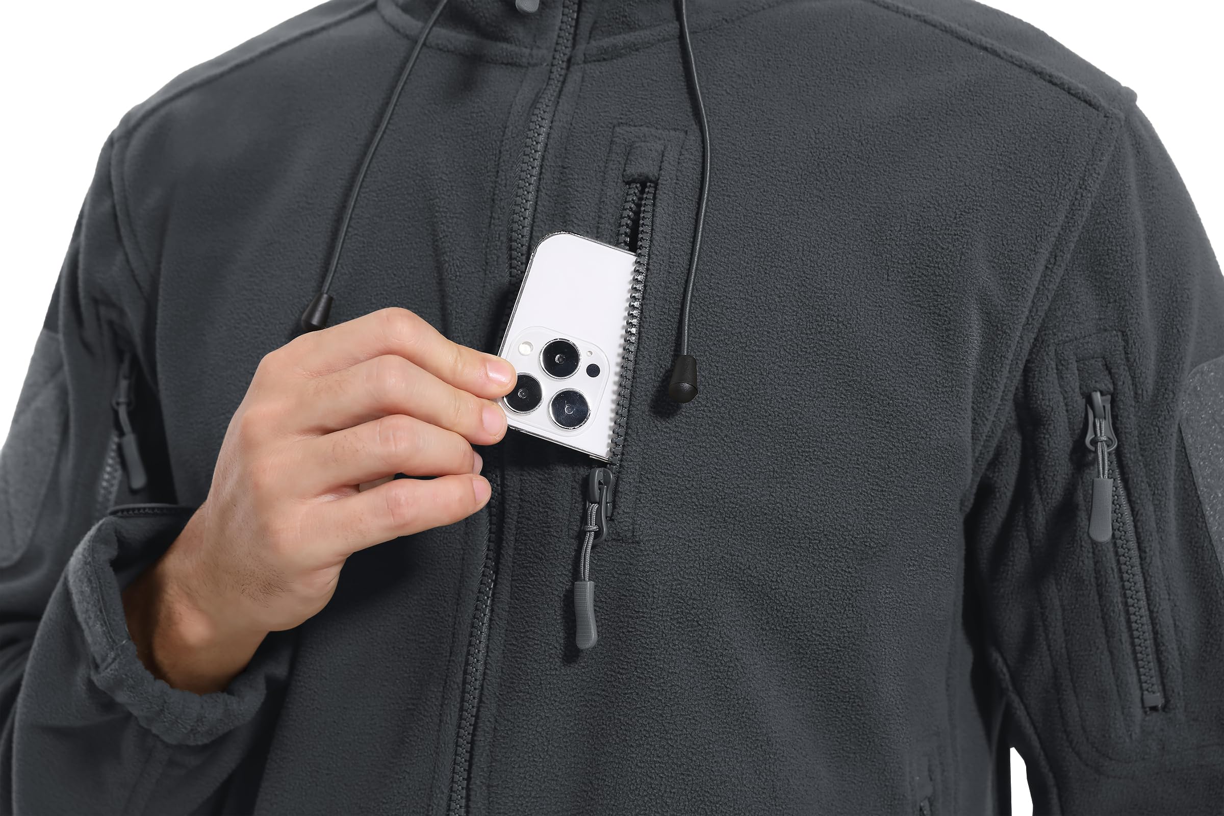 CRYSULLY Mens Fleece Jacket Coat Military Hoodie Winter Warm Zip Up Coat with Multi Pockets Grey M