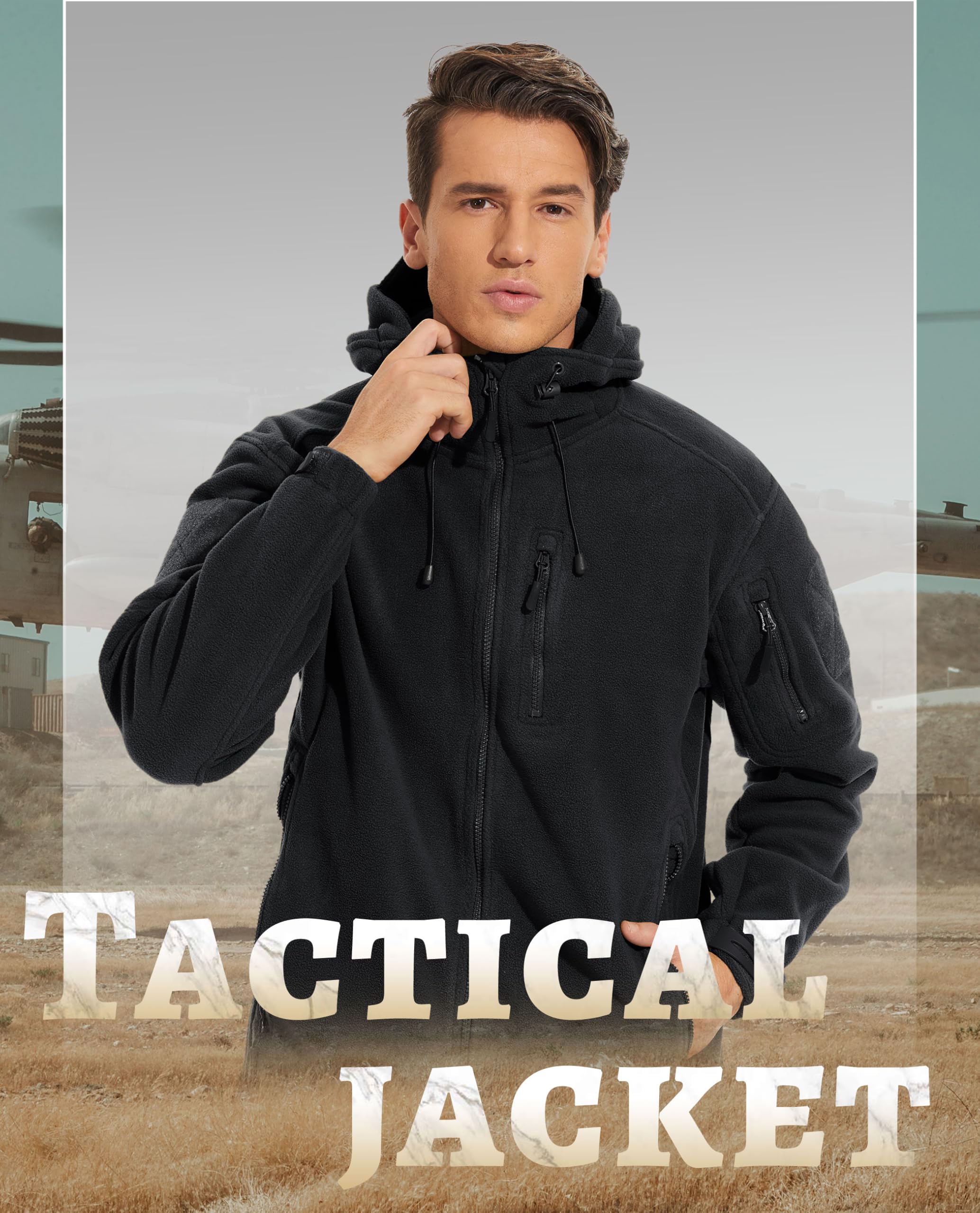 TACVASEN Hoodie for Men Tactical Jacket Fleece Lined Zip Up Hooded Jackets Thick Fuzzy Coat Winter Hoodie Black S