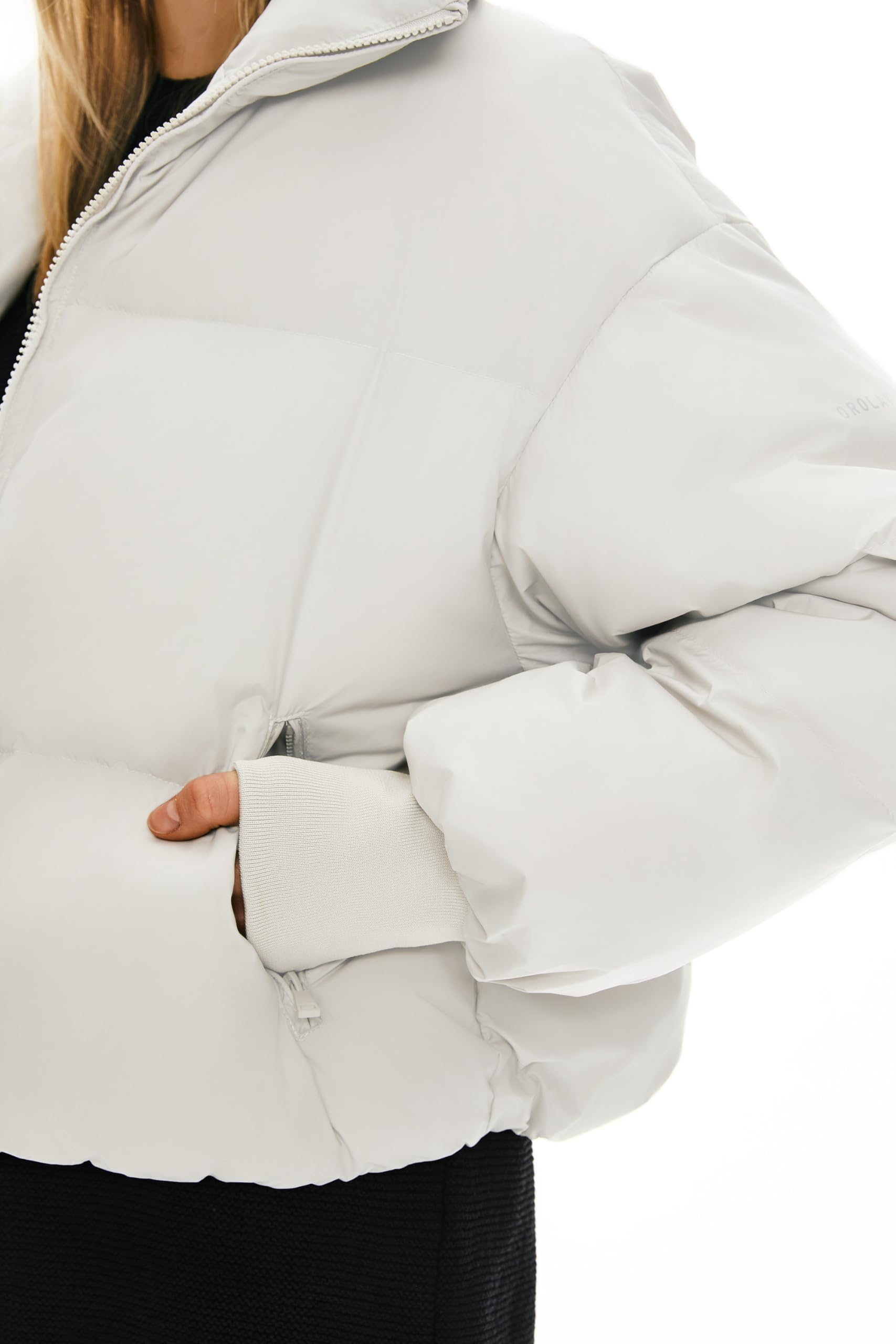 Orolay Women's Winter Oversized Cropped Puffer Jacket Zip Up Short Down Coat Stand Collar Baggy Overcoat Off-white Large