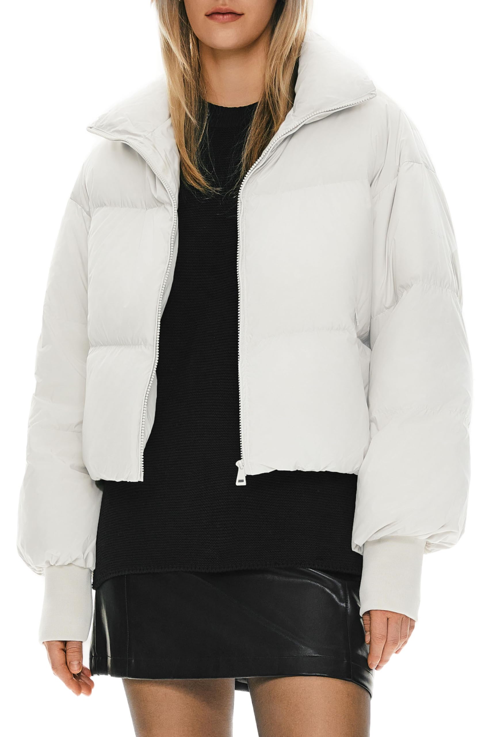 Orolay Women's Winter Oversized Cropped Puffer Jacket Zip Up Short Down Coat Stand Collar Baggy Overcoat Off-white Large