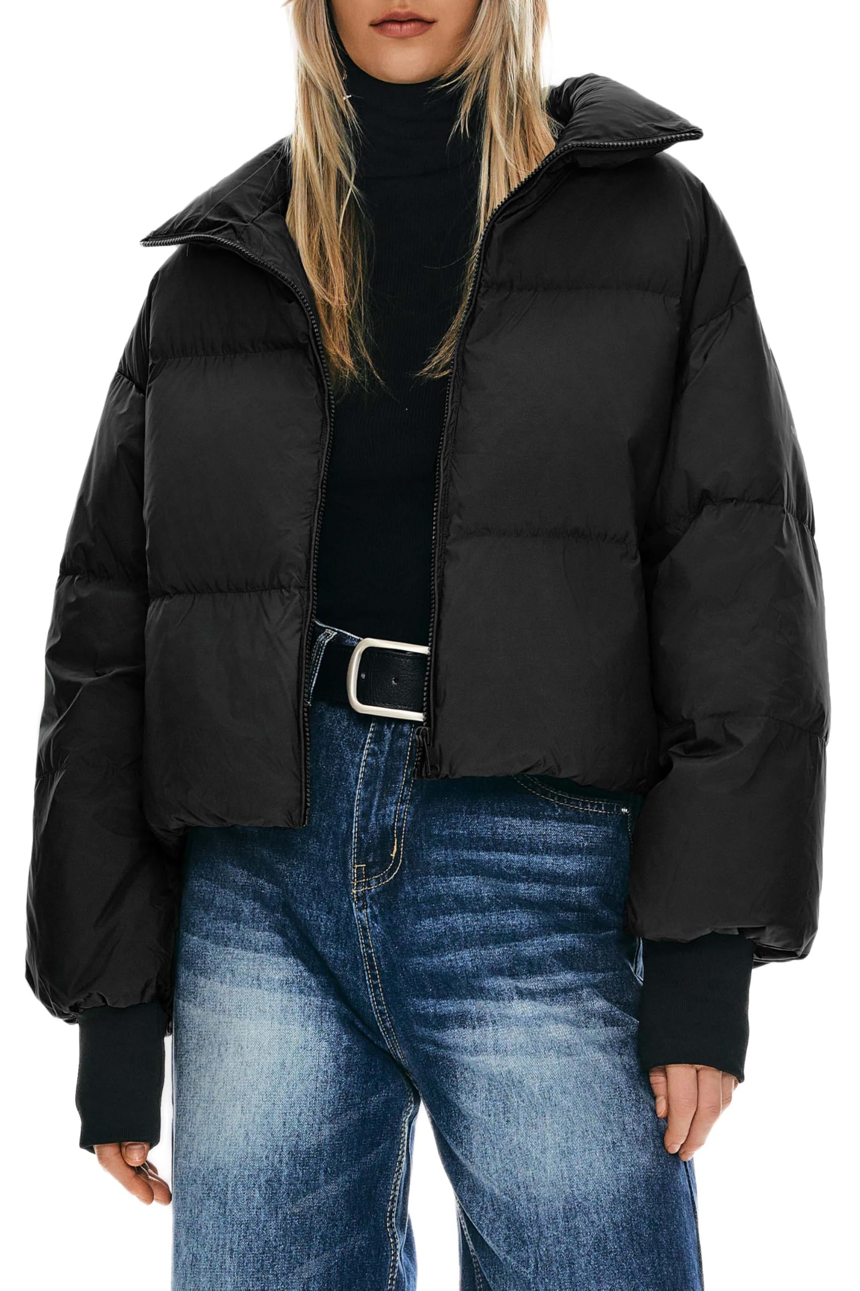 Orolay Women's Winter Oversized Cropped Puffer Jacket Zip Up Short Down Coat Stand Collar Baggy Overcoat Black X-Small
