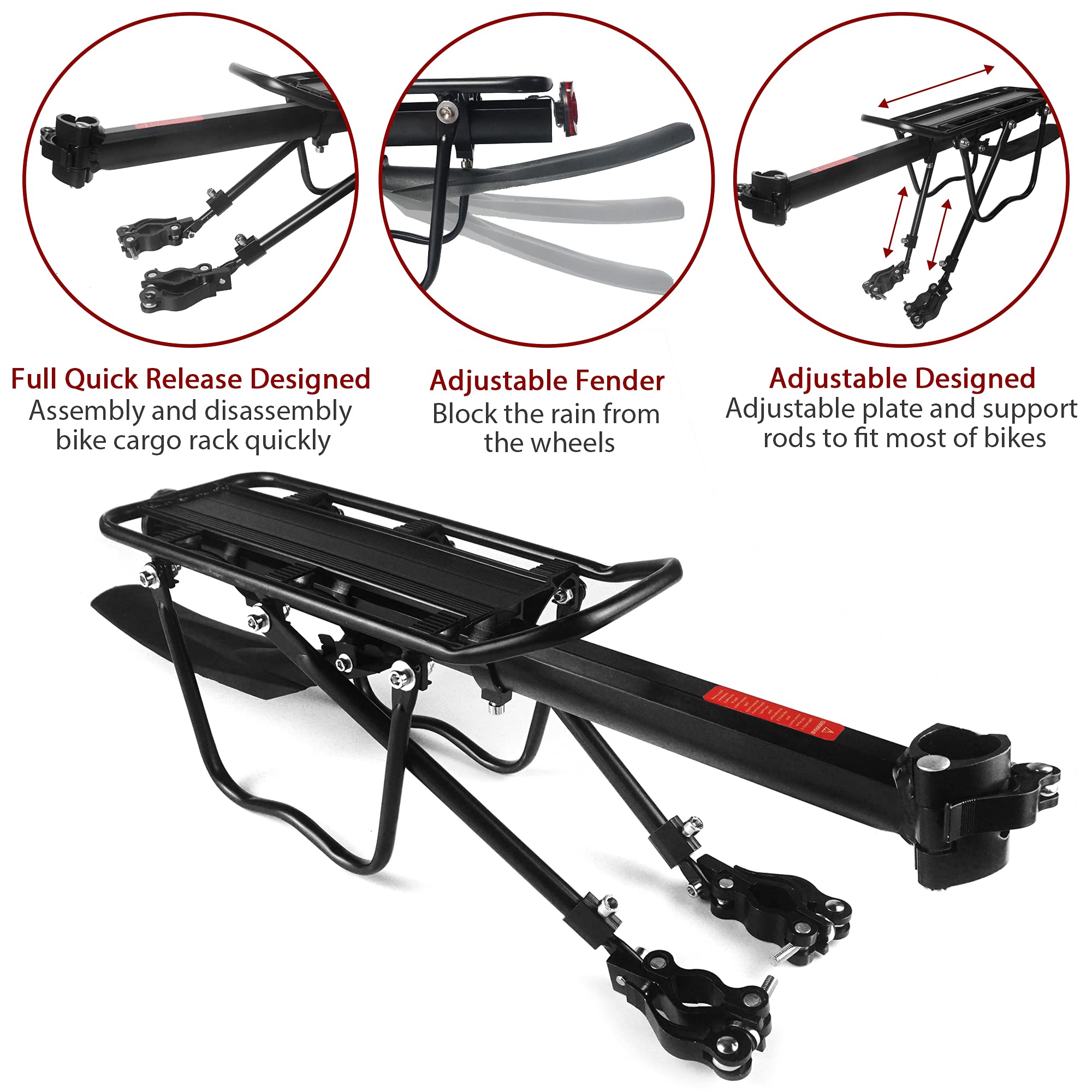Dirza Bike Cargo Rack - Rear Rack with Fender - Quick Release - Adjustable - Aluminum Alloy 115 lbs Capacity - Black