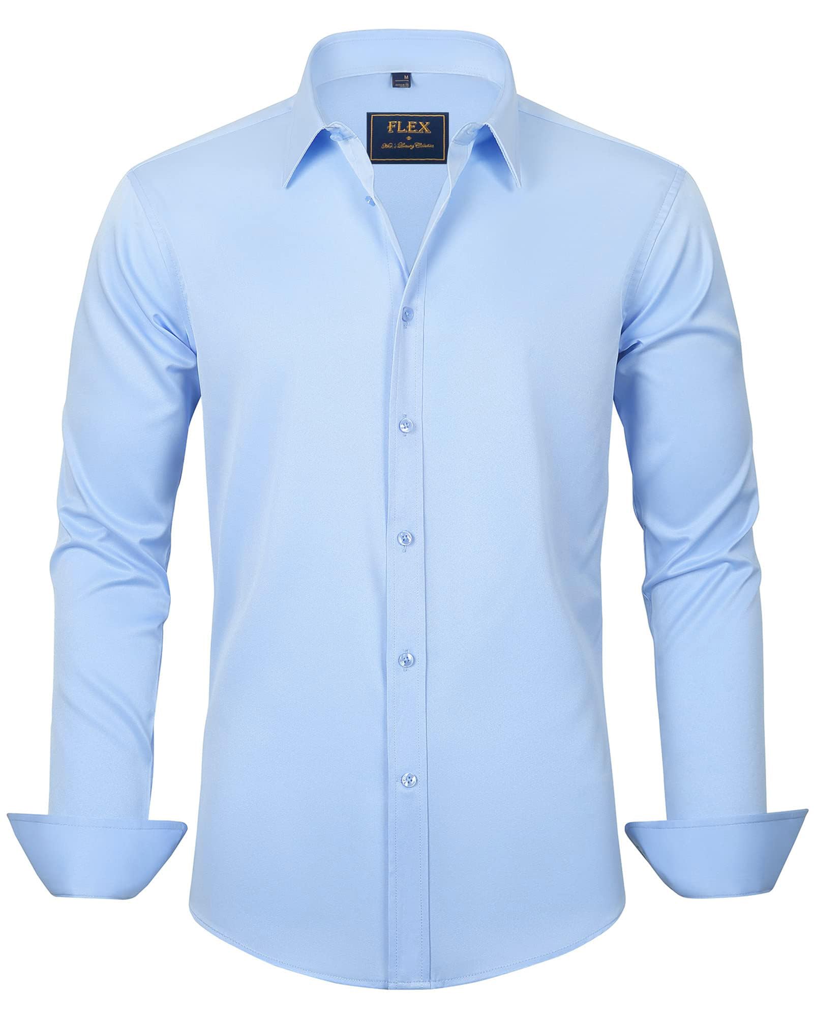 J.VER Men's Dress Shirts Solid Long Sleeve Stretch Wrinkle-Free Formal Shirt Business Casual Button Down Shirts Blue Small