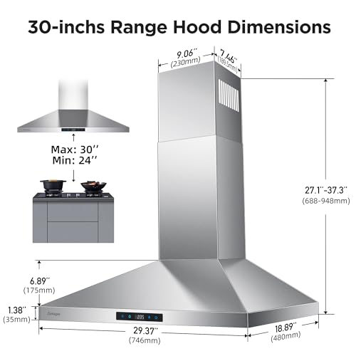 Range Hood 30 inch Stainless Steel, Wall Mount Stove Hood Ducted/Ductless Convertible with 3 Speed Kitchen Vent Hood, Touch Control, Energy-saving LED Lights, 5-Layer Aluminum Filters