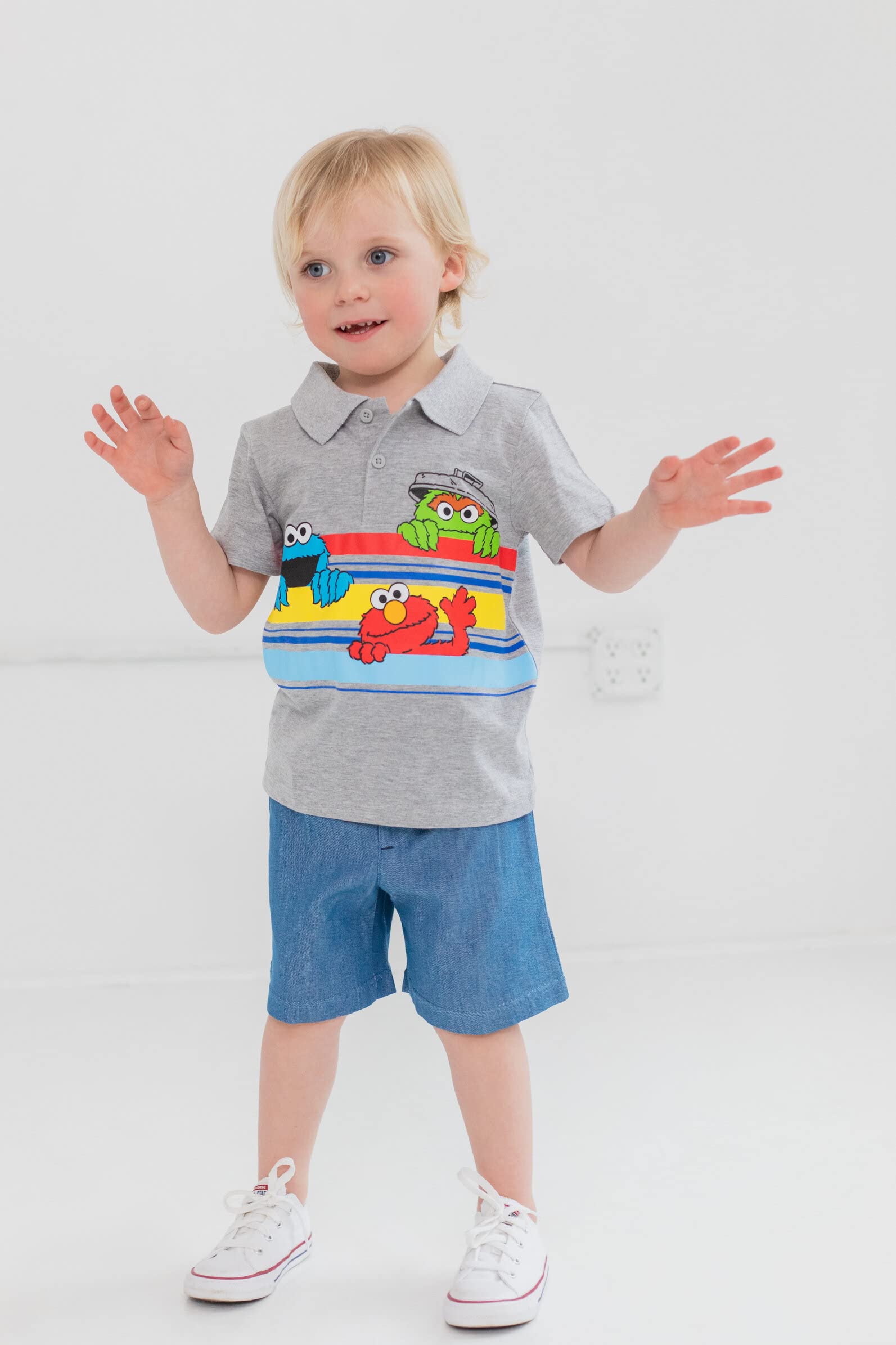 Sesame Street Oscar the Grouch Cookie Monster Elmo Toddler Boys Polo Shirt and Shorts Gray/Blue 2T