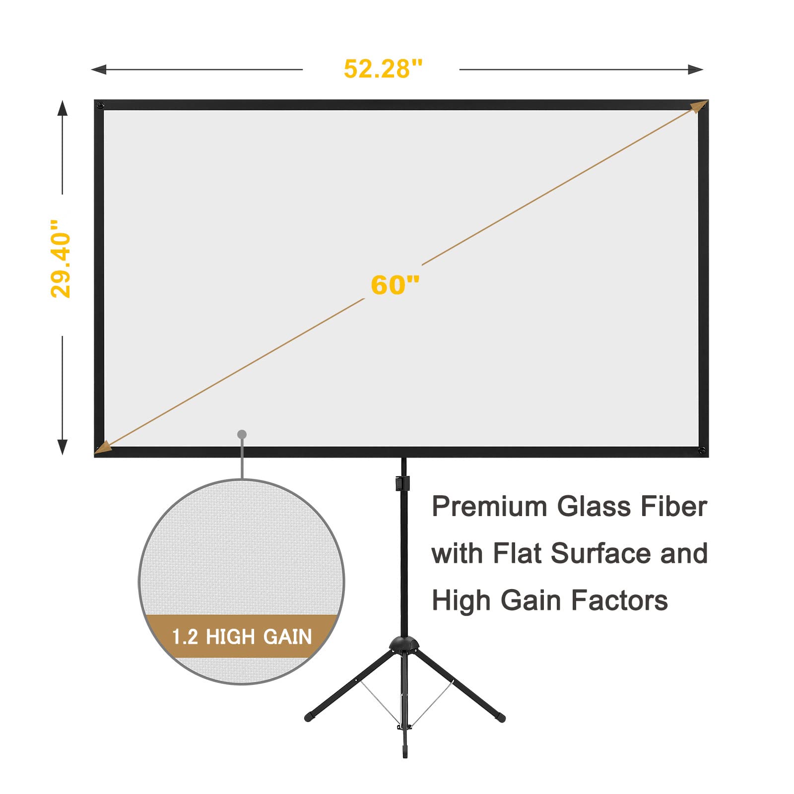 Projector Screen with Stand, 60 Inch Outdoor Projector Screen 16:9 and Stand, Portable Projector Screen with Aluminium Frame, Lightweight and Compact, Easy Setup, Idea for Home Cinema, Backyard Party