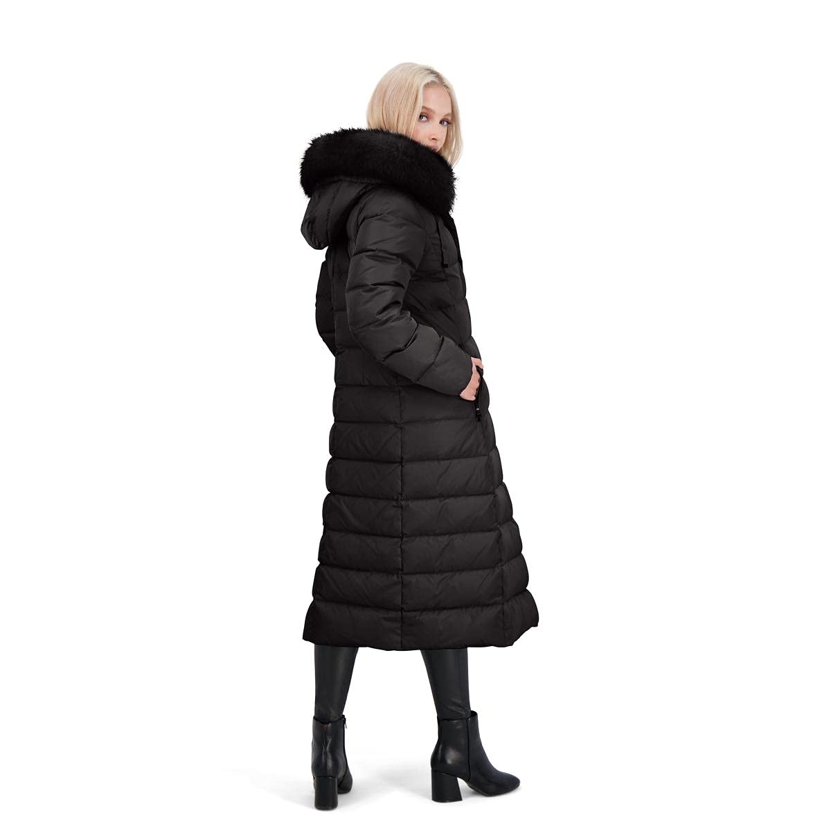 Tahari Nellie Womens Removable Faux Fur Trim Long Down Coat Jacket Black Size XL